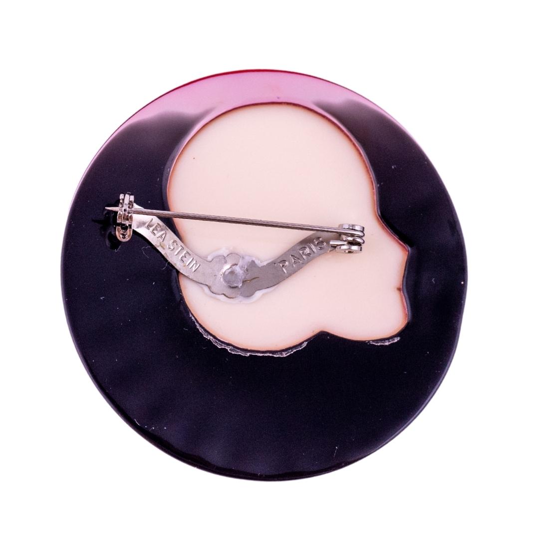 Lea Stein Full Collerette Art Deco Girl Brooch Pin - Red, White & Blac